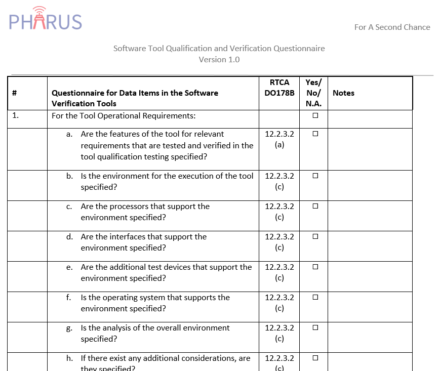 Software Tool Qualification and Verification Checklist – Pharus Tech